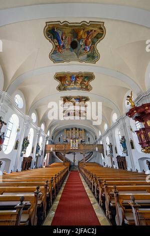 Organ loft, Church of St. Ulrich in Wertach, Allgaeu, Bavaria, Germany ...