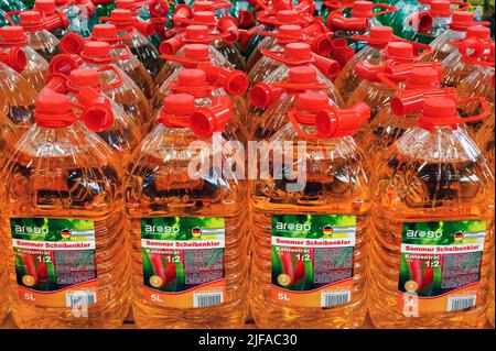 Plastic bottles with disc clear in a DIY store, Kempten, Allgaeu ...