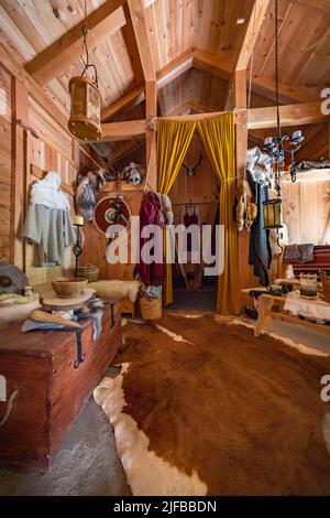 The interior of a traditional Viking house at the Viking history museum ...