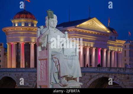 North Macedonia, Skopje, Emperor Justinian statue, National Theatre ...