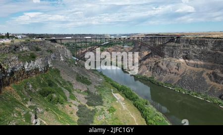 An aerial view of the Perrine Memorial Bridge over the Snake River ...