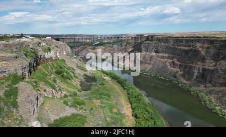 An aerial view of the Perrine Memorial Bridge over the Snake River ...