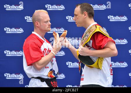Nick Wehry and Joey Chestnut attend the official weight-in for the ...