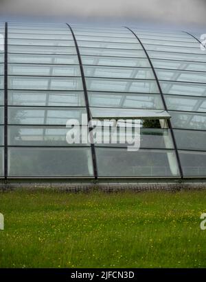 Futuristic conservatory dome of glass panels in steel joists, set into ...
