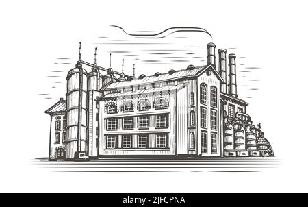 Industrial plant, factory sketch. Vintage building vector illustration ...