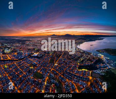 An aerial skyline view of Puerto Montt, Chile from and elevated ...