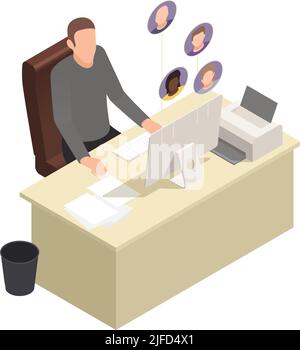 Boss workplace icon isometric vector. Wooden table with laptop, soft ...