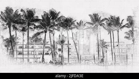 Miami Beach Ocean Drive hotels and restaurants at sunset. City skyline ...