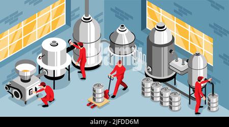 Brewhouse brewery equipment production workers isometric set with mill ...