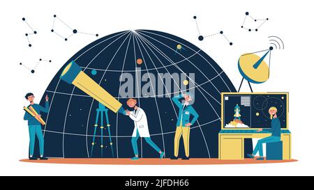 Flat astronomy composition astronomer and scientists work at the space ...