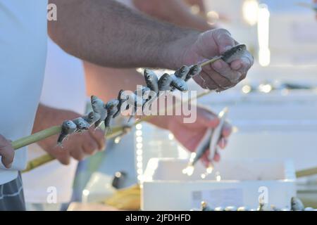 Espeteros skewering sardines espetos, typical spanish food Stock Photo ...