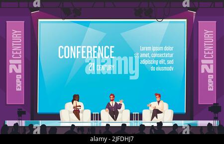 Conference hall background with expo presentation symbols flat vector ...