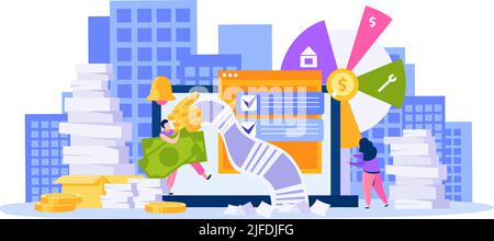 Monthly payments flat composition with cityscape and stacks of ...