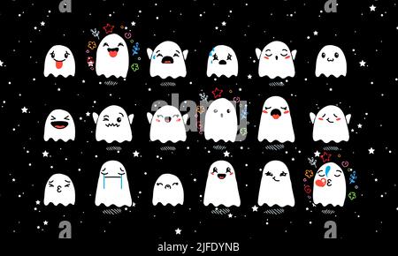 Set of Various Cartoon Ghosts with Emoticons. Doodle ghouls, eyes and ...