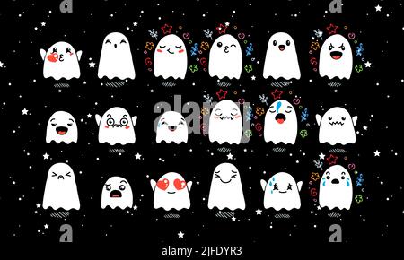 Set of Various Cartoon Ghosts with Emoticons. Doodle ghouls, eyes and ...