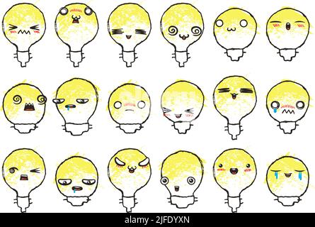 Set of Various Cartoon Bulbs with Emoticons. Doodle lightbulb, ideas ...
