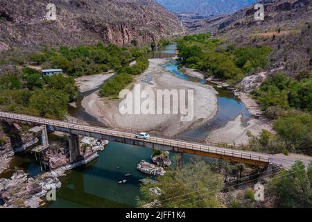 Aerial view of the bridge and the Yaqui River as it passes through the ...