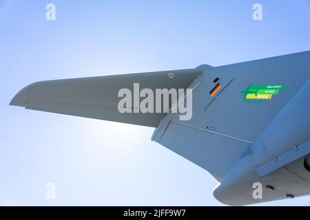 Detail of Airbus A400M Atlas transport plane with global brand logo and ...