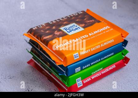 Kiev Ukraine - October 2021 Nut selection Chocolate Ritter Sport bar ...
