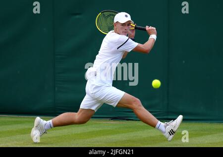 Louis Bowden in action during his Boys Singles first round match ...