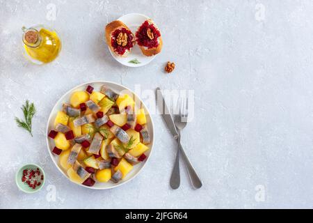 smoked hering, potato and beetroot salad served with beetroot caviar ...