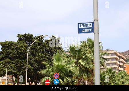Trapani, Sicily (Italy): AST Bus Stop sign in downtown of Trapani Stock ...