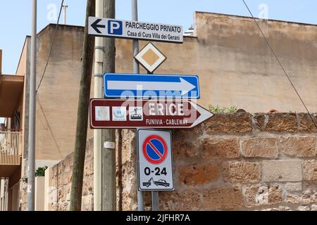 Trapani, Sicily (Italy): Indication sign for the Cableway station from ...