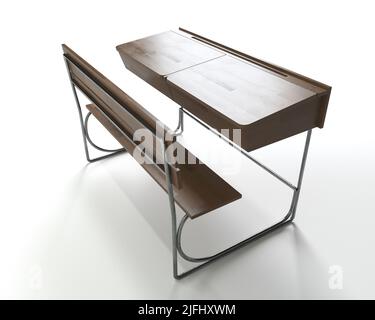 A vintage double seater wooden school desk with hinged lids and bench ...