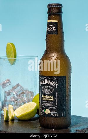 La Nucia, alicante, spain. 01-07-2022 close-up very cold bottle of Jack ...