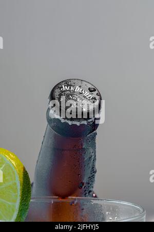 La Nucia, alicante, spain. 01-07-2022 close-up very cold bottle of Jack ...