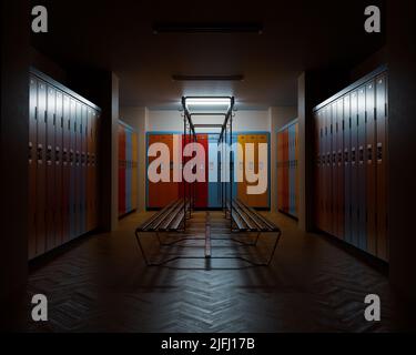 A dimly lit gym changeroom with wooden floors and banks of colorful ...