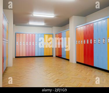A well lit locker room with wooden floors and banks of colorful lockers ...
