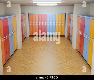 A well lit locker room with wooden floors and banks of colorful lockers ...