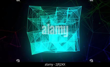 Artificial intelligence creating blue gradient plexus cubic 3D figure. Motion. Glowing beautiful ...