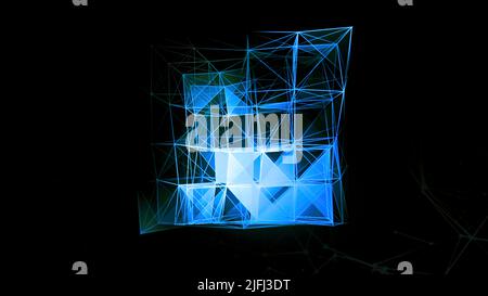 Abstract neon plexus transforming cube on a black background. Motion ...