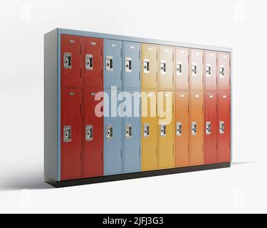 An standalone bank of colorful school lockers on an isolated white ...