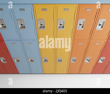 An standalone bank of colorful school lockers on an isolated white ...