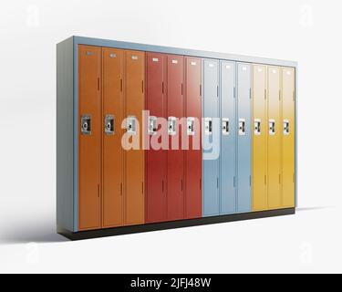 An standalone bank of colorful school lockers on an isolated white ...