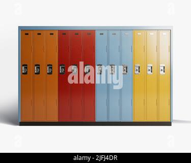 An standalone bank of colorful school lockers on an isolated white ...