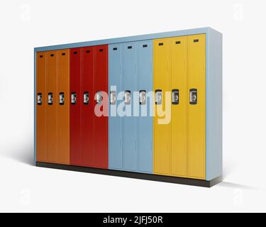 An standalone bank of colorful school lockers on an isolated white ...