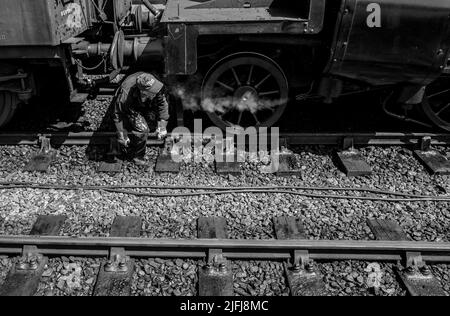 Male steam train worker coming from underneath a train between the ...
