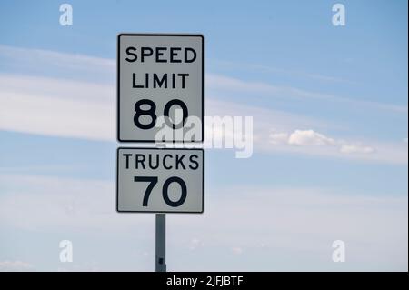 Highway Speed Limit 80 mph sign on the I-80 West through Bonneville ...