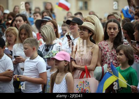 Cracow, Poland. 28th June, 2022. People holding Ukrainian flags during ...