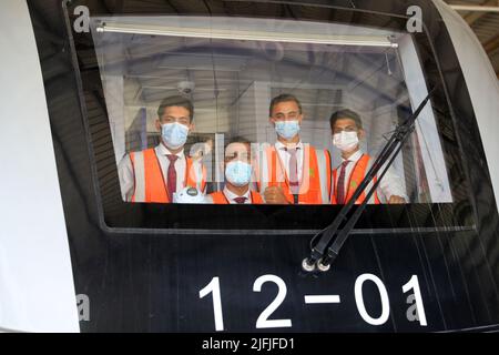 Cairo, Egypt. 3rd July, 2022. A light rail transit (LRT) train is seen ...