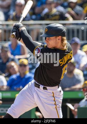 Pittsburgh Pirates' Jack Suwinski, right, returns to the dugout after ...