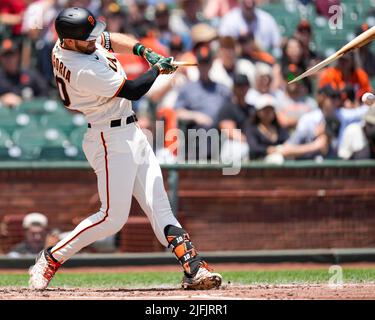 San Francisco Giants' Evan Longoria makes contact against the San Diego ...