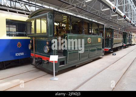 A vintage steam powered tram car at Antwerp Tram Museum, Belgium Stock ...
