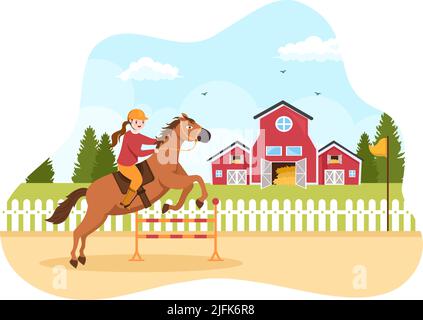 Cartoon rider jumping with his horse in an equestrian show jumping ...