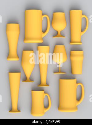 Set of yellow glasses of fresh draft beer on a grey monochrome ...