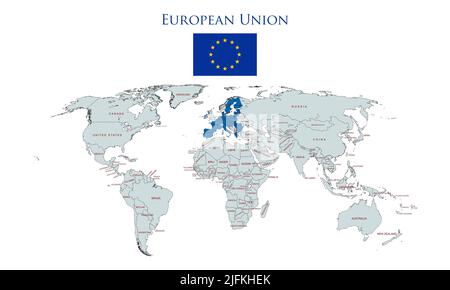 European Union countries presented in blue color on world map ...